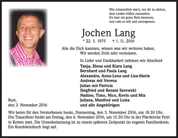Jochen Lang: Traueranzeige : Badische Zeitung