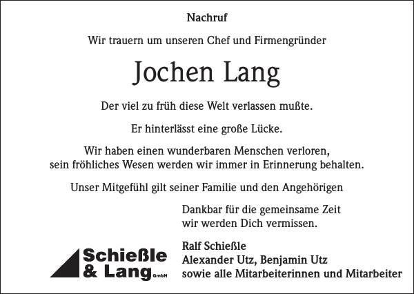 Jochen Lang: Traueranzeige : Badische Zeitung