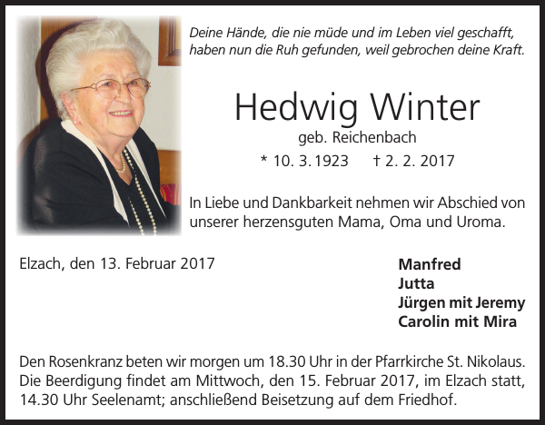 Hedwig Winter : Traueranzeige : Badische Zeitung