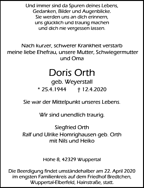 Doris Orth: Traueranzeige : Westdeutsche Zeitung
