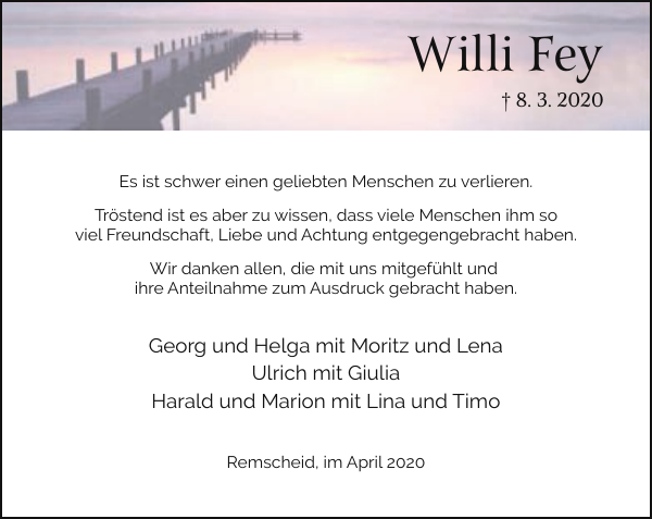 Willi Fey: Traueranzeige : Remscheider General-Anzeiger