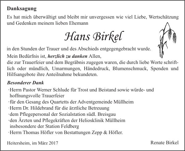 Hans Birkel: Traueranzeige : Badische Zeitung