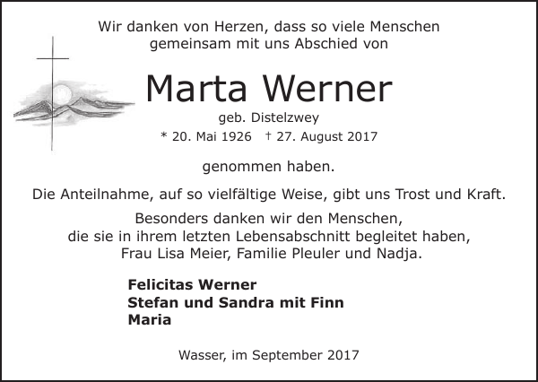 Marta Werner: Traueranzeige : Badische Zeitung