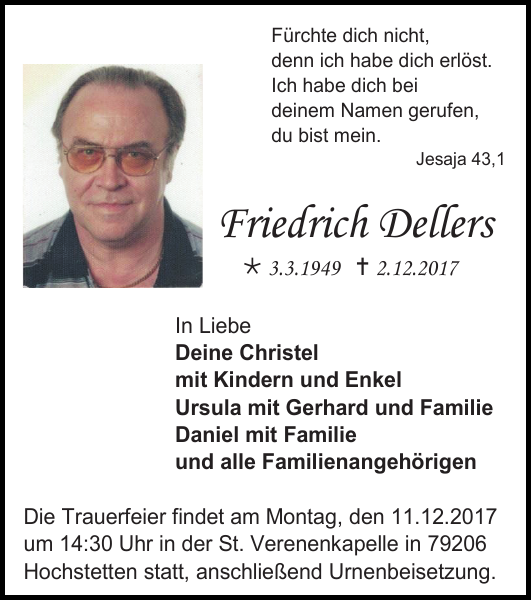 Friedrich Dellers : Traueranzeige : Badische Zeitung