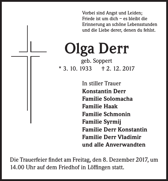 Olga Derr: Traueranzeige : Badische Zeitung