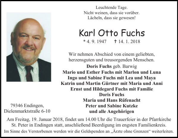 Karl Otto Fuchs: Traueranzeige : Badische Zeitung