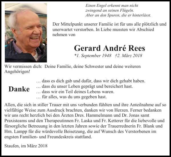 Gerhard André Rees: Danksagung : Badische Zeitung