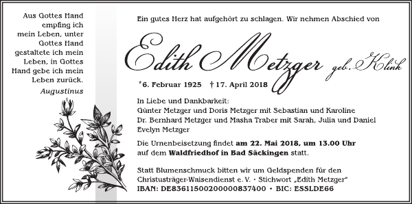 Edith Metzger : Traueranzeige : Badische Zeitung