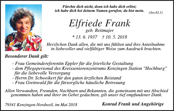 Elfriede Frank: Traueranzeige : Badische Zeitung