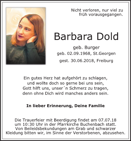 Barbara Dold: Traueranzeige : Badische Zeitung