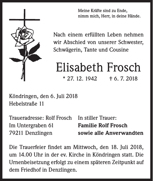 Elisabeth Frosch: Traueranzeige : Badische Zeitung