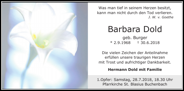 Barbara Dold: Traueranzeige : Badische Zeitung