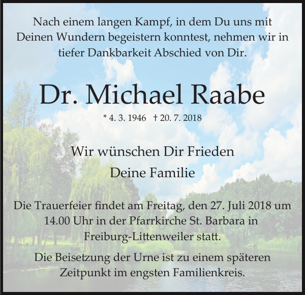 Michael Raabe Dr.: Traueranzeige : Badische Zeitung