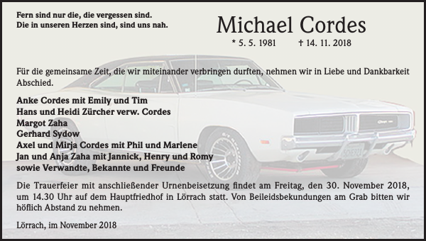 Michael Cordes: Traueranzeige : Badische Zeitung