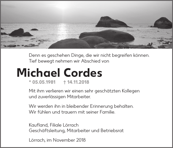 Michael Cordes: Traueranzeige : Badische Zeitung