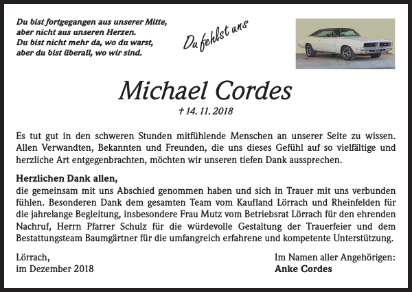 Michael Cordes: Traueranzeige : Badische Zeitung