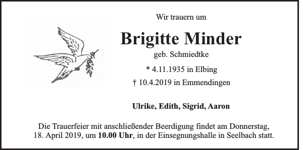 Brigitte Minder: Traueranzeige : Badische Zeitung