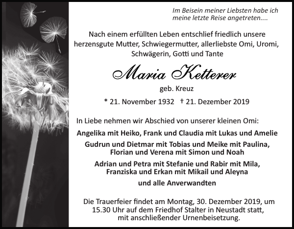 Maria Ketterer : Traueranzeige : Badische Zeitung