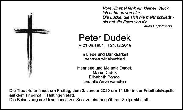 Peter Dudek: Traueranzeige : Badische Zeitung