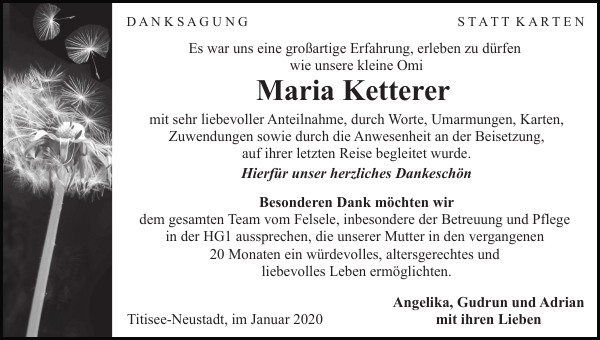 Maria Ketterer: Traueranzeige : Badische Zeitung