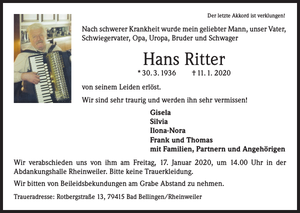 Hans Ritter: Traueranzeige : Badische Zeitung