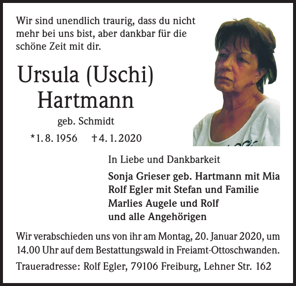Ursula Hartmann: Traueranzeige : Badische Zeitung