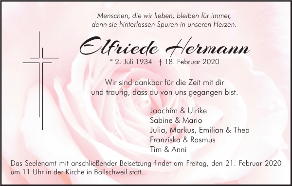 Elfriede Hermann: Traueranzeige : Badische Zeitung