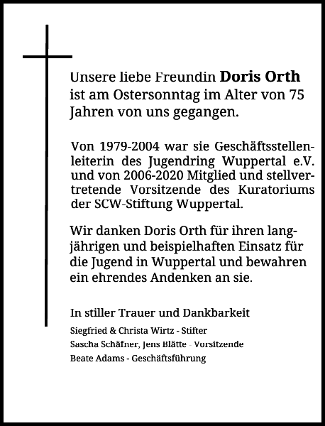 Doris Orth: Traueranzeige : Westdeutsche Zeitung