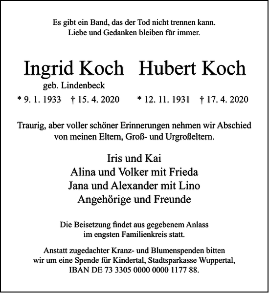 Ingrid Koch Hubert Koch: Traueranzeige : Westdeutsche Zeitung
