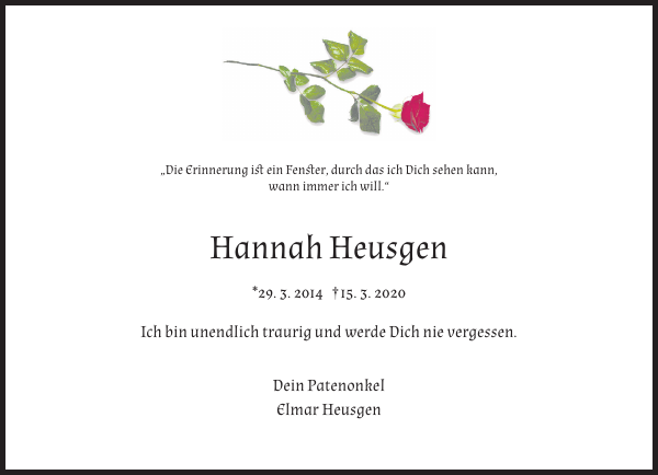 Hannah Heusgen: Traueranzeige : Westdeutsche Zeitung Hannah Heusgen: Traueranzeige : Westdeutsche Zeitung