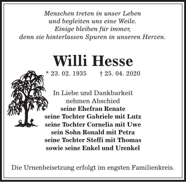 Willi Hesse : Traueranzeige : Sächsische Zeitung