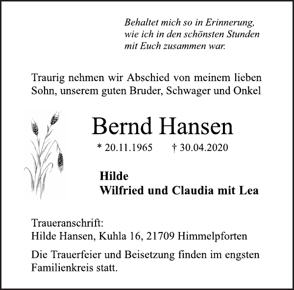 Bernd Hansen: Traueranzeige : Stader Tageblatt