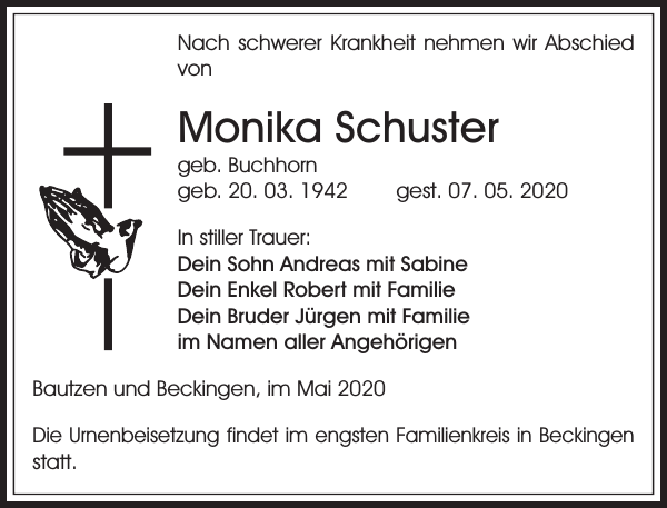 Monika Schuster : Traueranzeige : Sächsische Zeitung