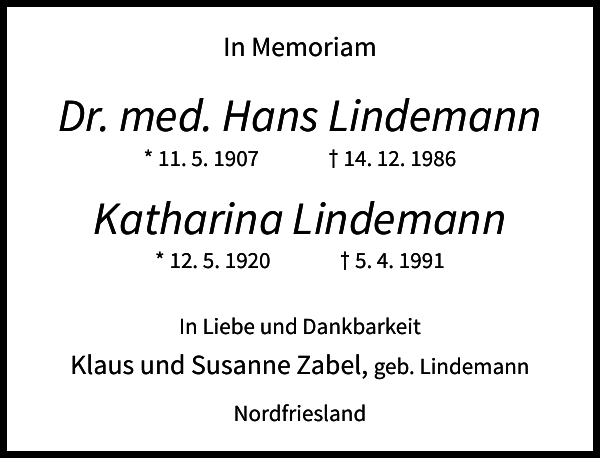 Dr. med. Hans Lindemann Katharina Lindemann: Traueranzeige ...