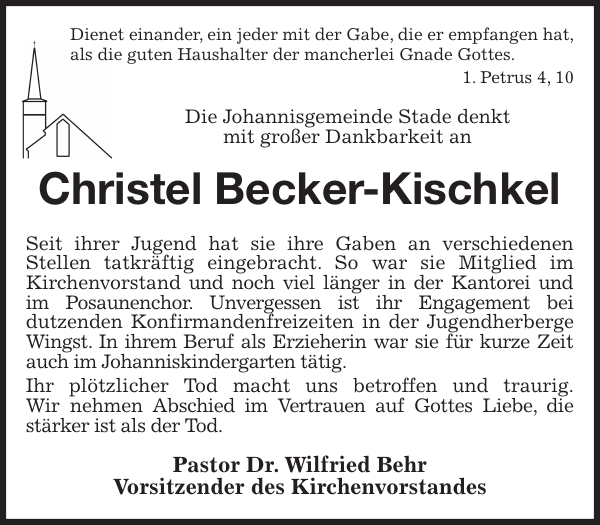 Christel Becker-Kischkel: Nachruf : Stader Tageblatt