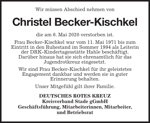 Christel Becker-Kischkel: Nachruf : Stader Tageblatt
