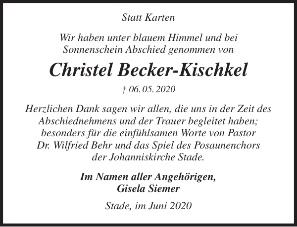 Christel Becker-Kischkel: Danksagung : Stader Tageblatt