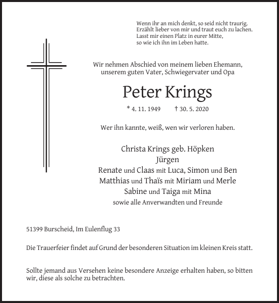 Peter Krings: Traueranzeige : Remscheider General-Anzeiger