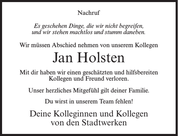Jan Holsten: Nachruf : Bremervörder Zeitung
