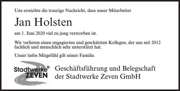 Jan Holsten: Nachruf : Bremervörder Zeitung