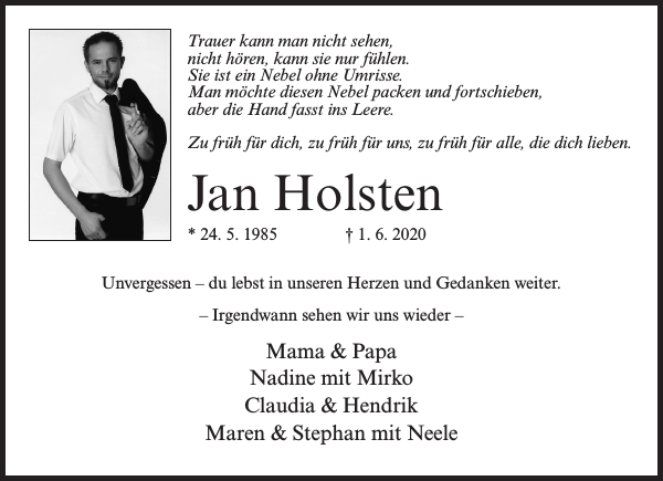 Jan Holsten: Traueranzeige : Bremervörder Zeitung