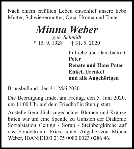 Minna Weber: Traueranzeige : Flensburger Tageblatt