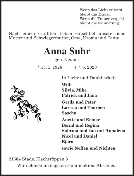 Anna Suhr: Traueranzeige : Stader Tageblatt
