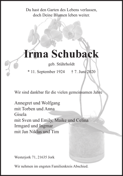 Irma Schuback: Traueranzeige : Stader Tageblatt