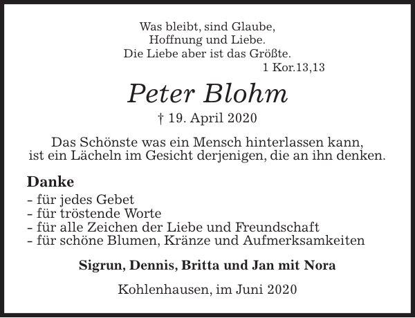 Peter Blohm: Danksagung : Stader Tageblatt