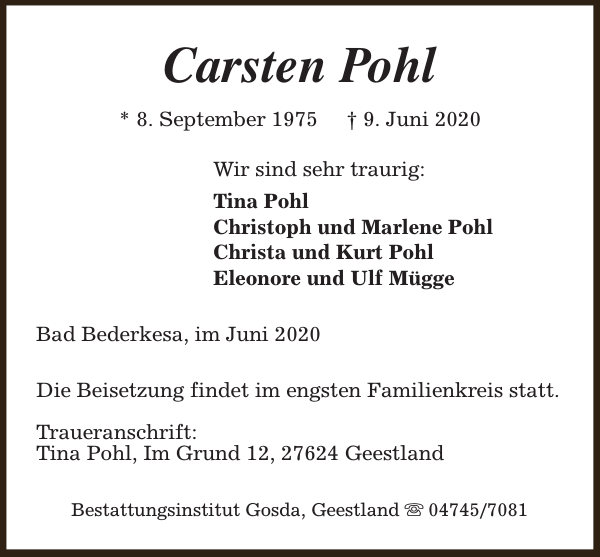 Carsten Pohl: Gedenken : Nordsee-Zeitung