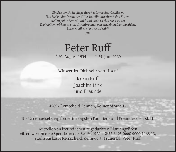 Peter Ruff: Traueranzeige : Remscheider General-Anzeiger