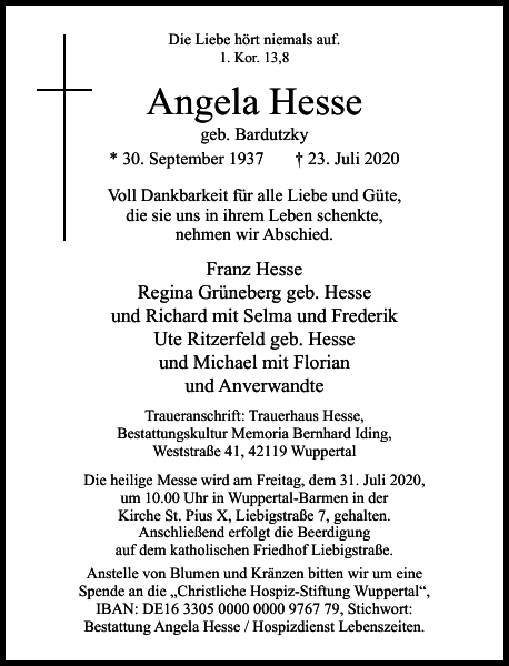 Angela Hesse: Traueranzeige : Westdeutsche Zeitung
