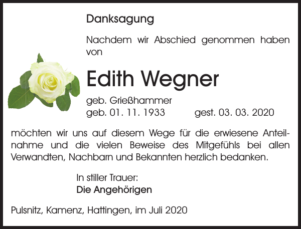 Edith Wegner : Danksagung : Sächsische Zeitung