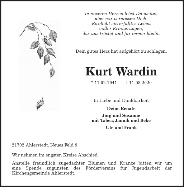 Kurt Wardin: Traueranzeige : Stader Tageblatt